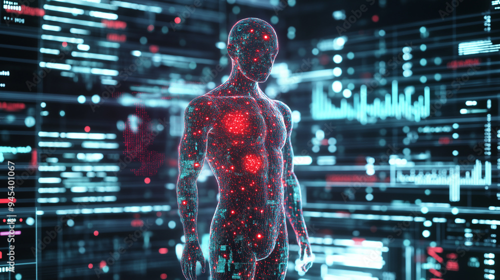 Digital representation of a human figure with glowing red nodes and ...
