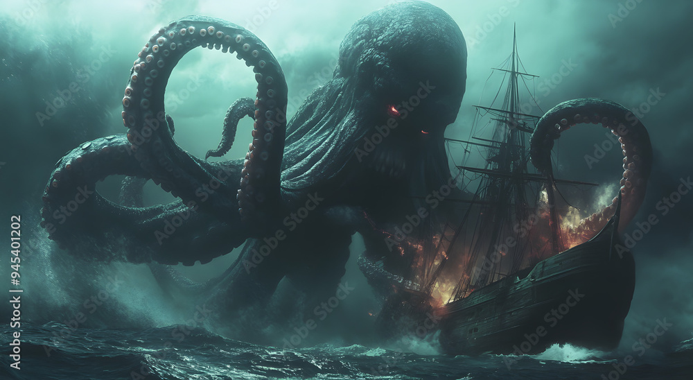 Cinematic Photograph of an Octopus Attacking and Destructively Wrapping ...