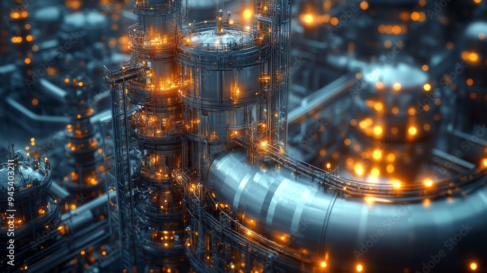 Oil refinery with advanced catalysts, detailed machinery, high-tech ...