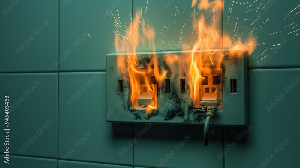 EU standard outlet with a burning electrical cord and a plug in a ...