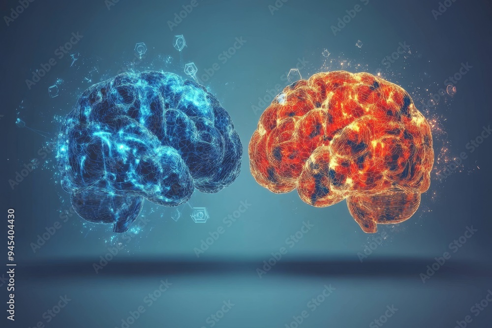 Two brains one blue and one red facing each other symbolize the ...