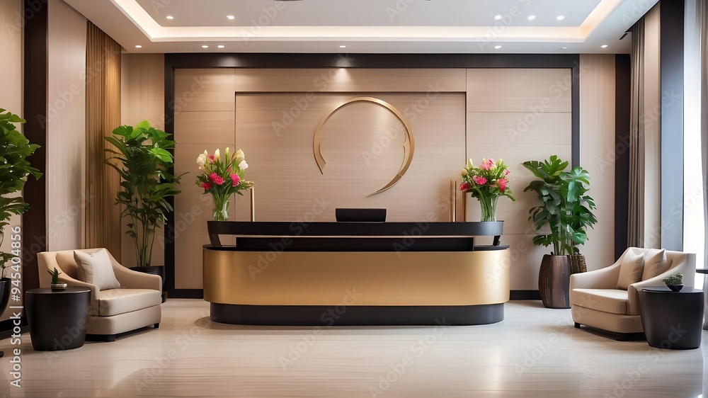 Interior of opulent hotel lobby area featuring guest relaxation area ...