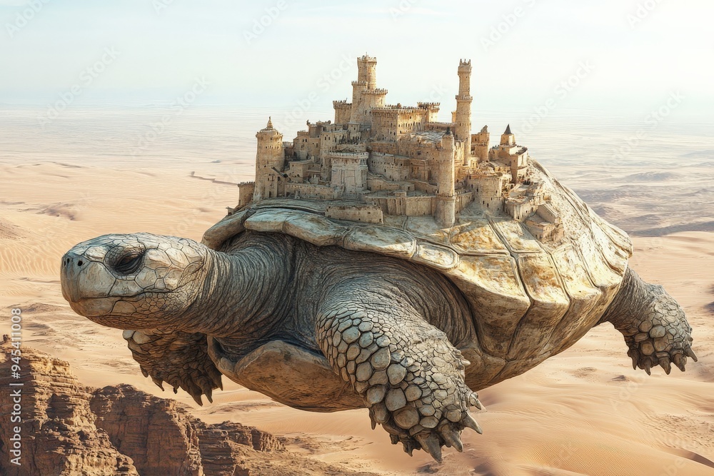A gigantic turtle, with an ancient medieval city on its back, floats ...