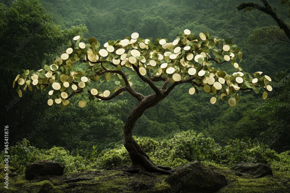 Majestic gold money tree of good luck in lush green forest with ...