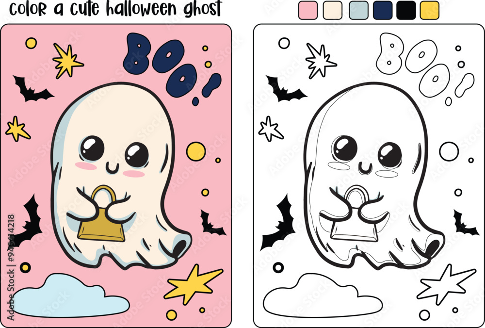 Halloween ghost coloring page for kids. Hand drawn autumn illustration ...
