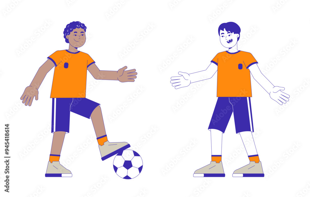 Soccer team kids kicking football 2D cartoon characters. Little ...