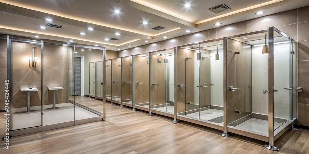Modern gym facility with sleek shower stalls, glass doors, and ...