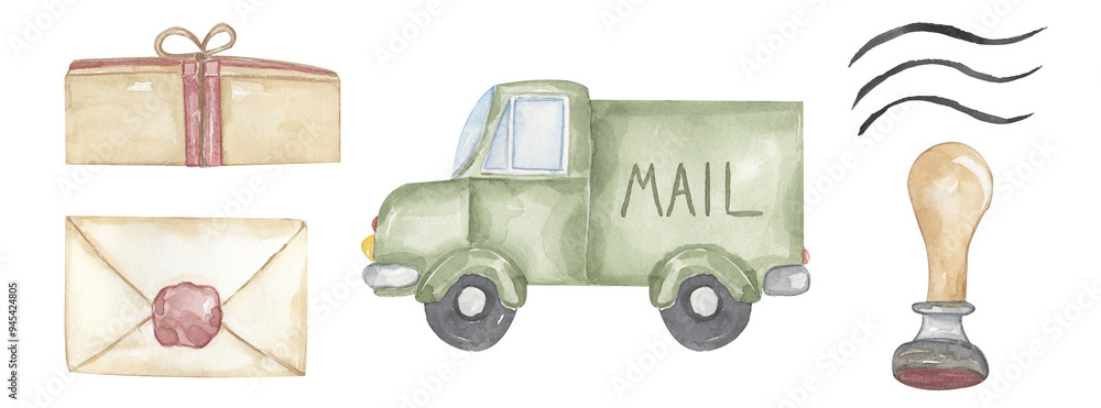 Watercolor post office clipart set, hand drawn mail car, envelope with ...