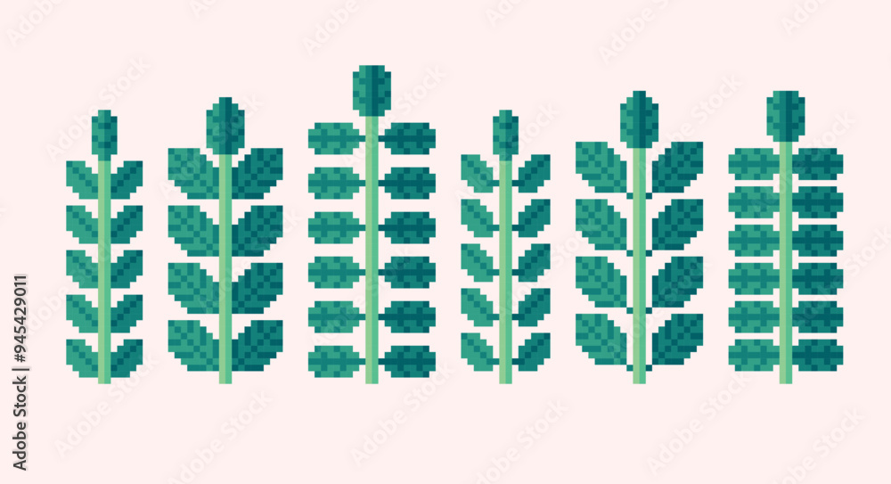 Green foliage, leaves pixel art set. Tree petals collection. Plant ...