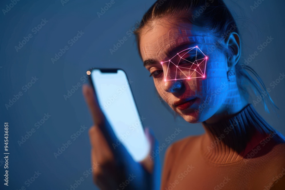 Female Scans Face Using Facial Recognition System On Mobile Phone For