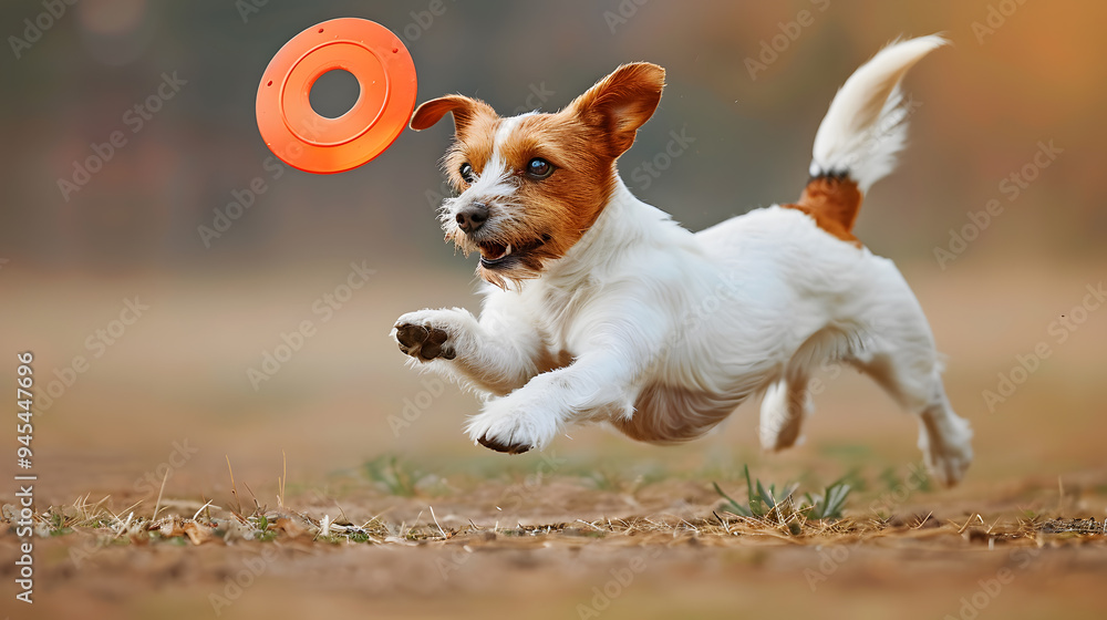 A Jack Russell Terrier jumping in mid-air, trying to catch a frisbee ...