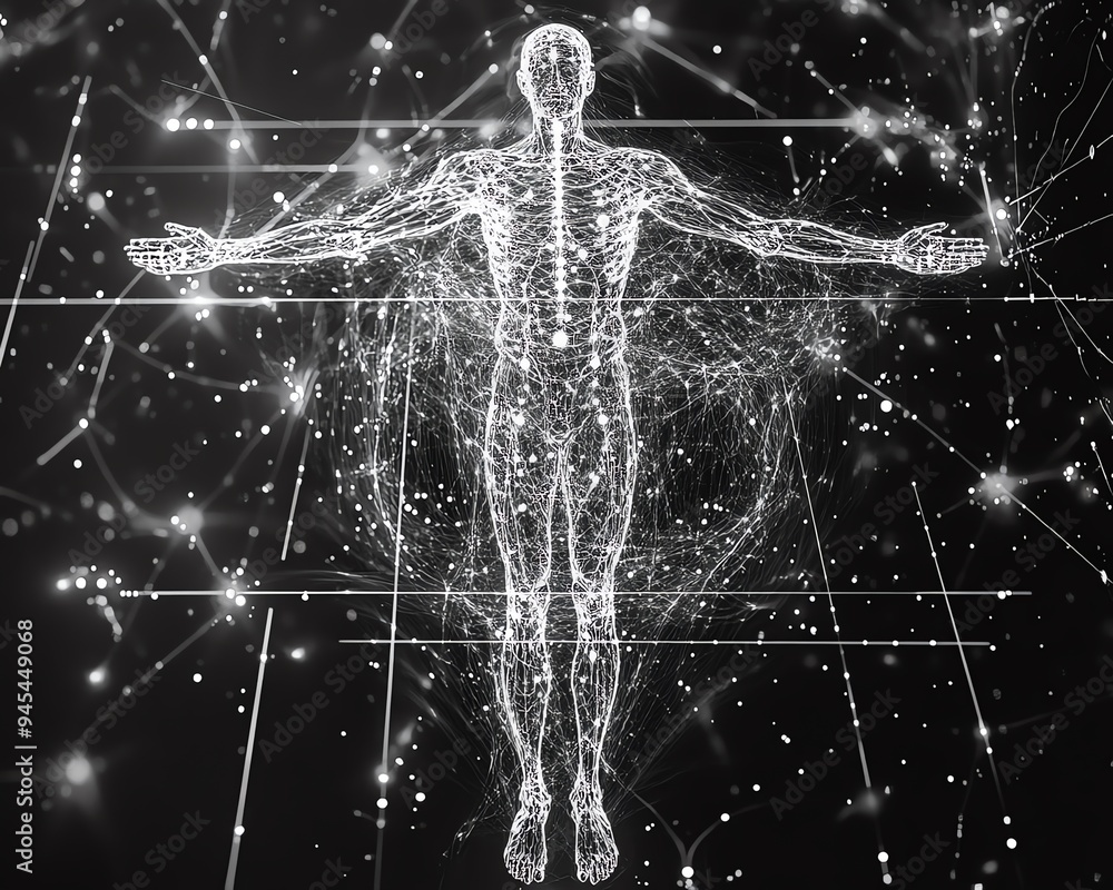 Black and white image of a human surrounded by a gridpattern ...