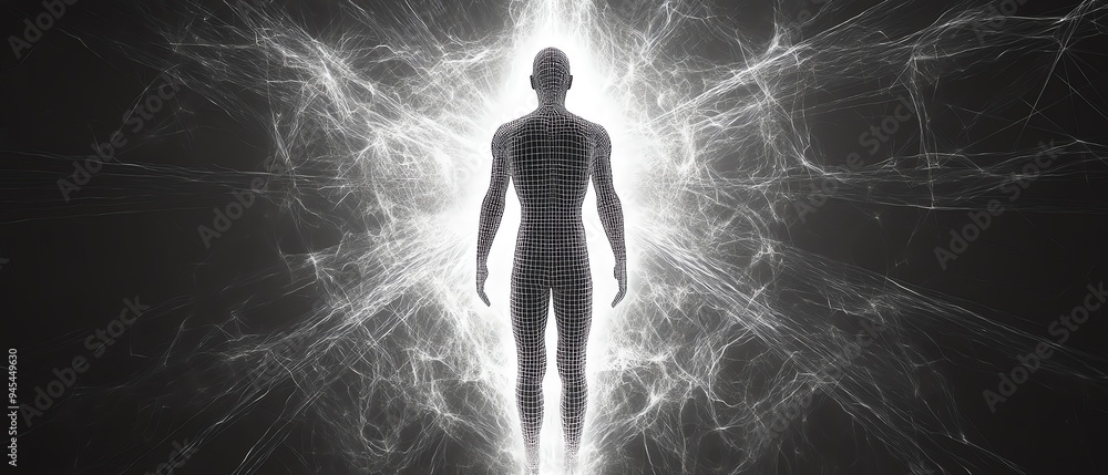 Black and white image of a human surrounded by a gridpattern ...