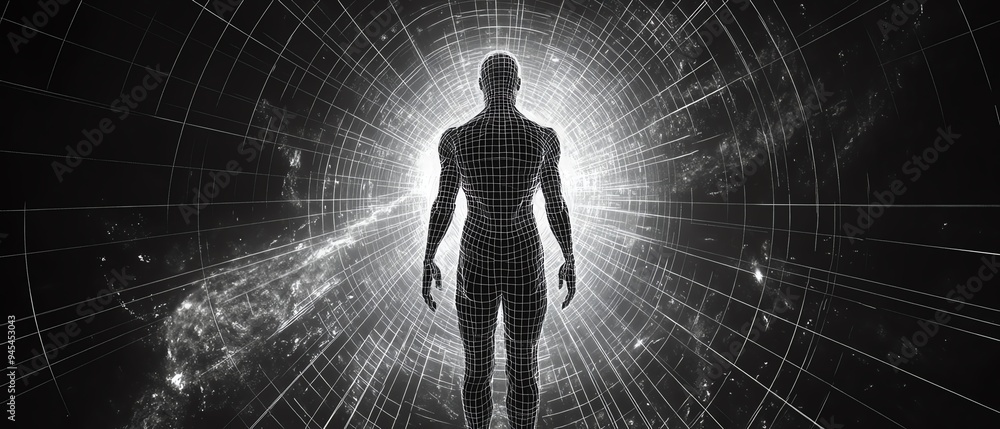 Black and white scene of a human surrounded by a gridpattern ...