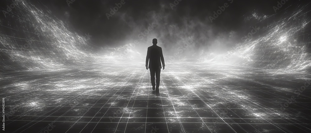 Black and white scene of a human surrounded by a gridpattern ...