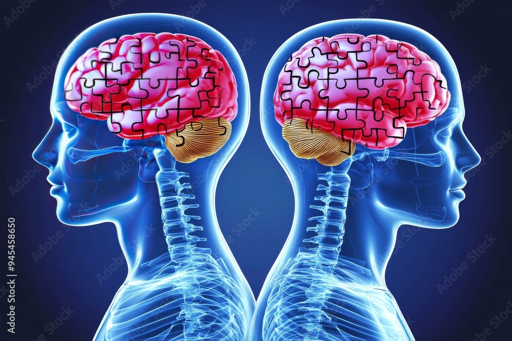 Digital rendering of two side profiles with transparent skulls and ...