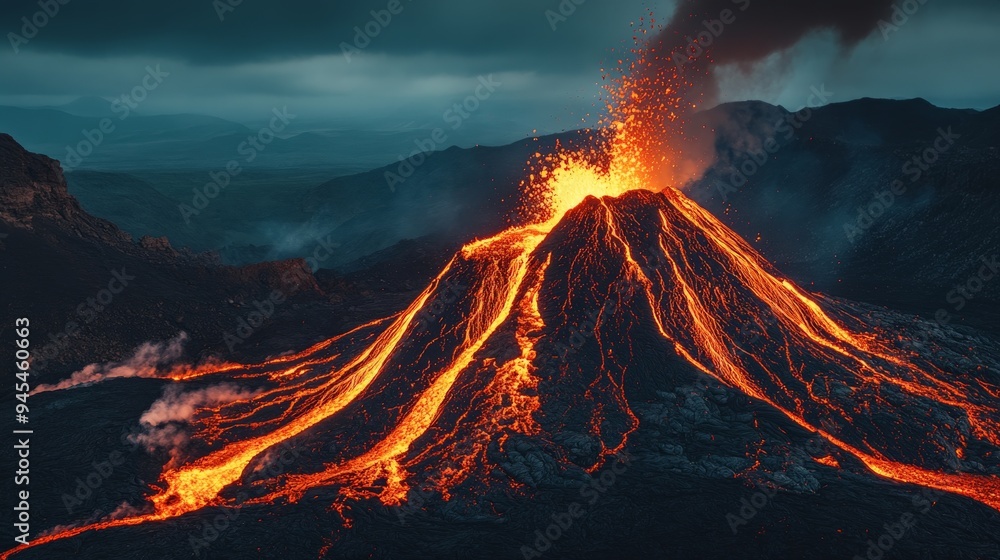 Intense volcano eruption showcasing vivid, molten lava streams ...