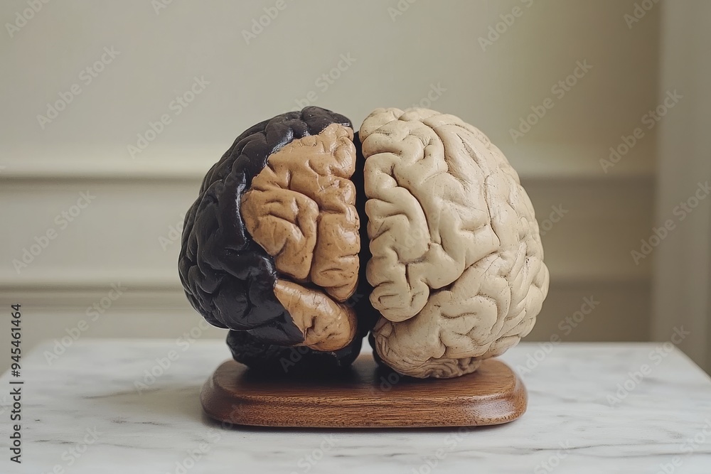 Artistic photograph of a brain split into black and beige hemispheres ...