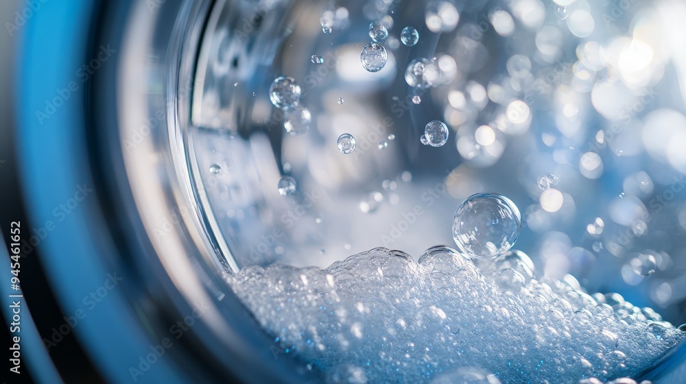 A detailed view inside a washing machine where foamy bubbles and water ...