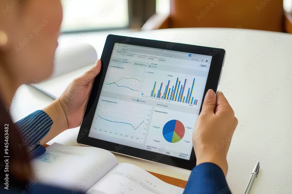 Hands, business people and tablet chart for data analysis, infographic review or dashboard ...