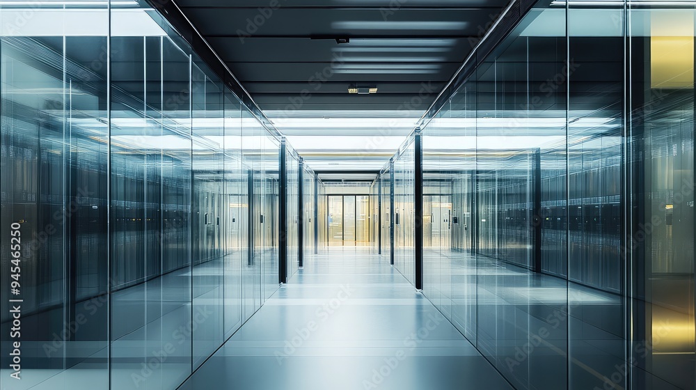 High-definition photography of a modern data center, with glass panels ...