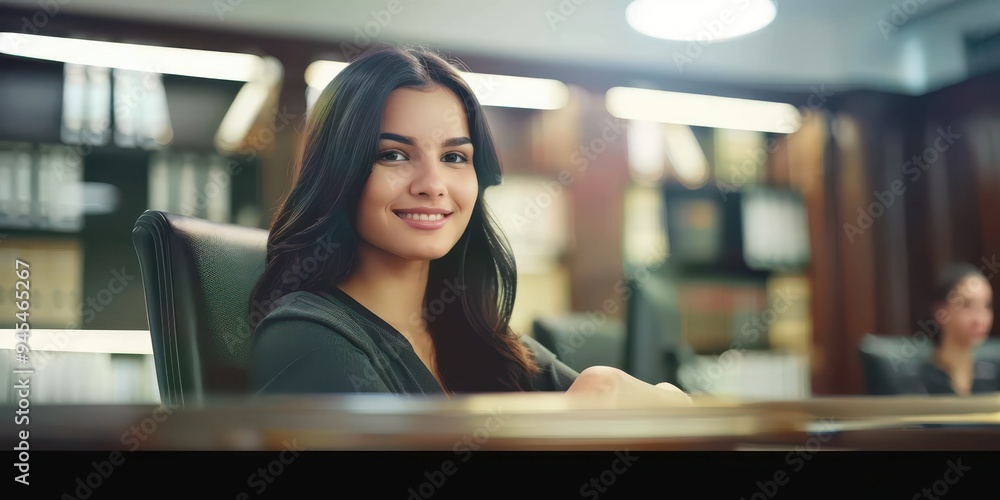 legal trainee in a law firm a young female paralegal looks proudly to ...