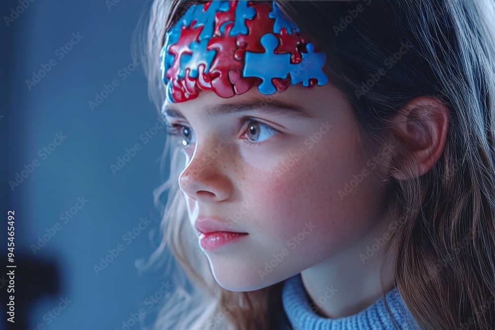 Thoughtful young girl with puzzle pieces on her forehead symbolizing ...