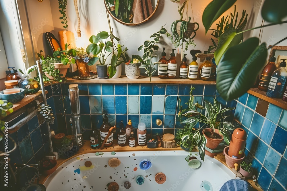 Illustration of A stylish bathroom in cluttercore style, with trendy ...