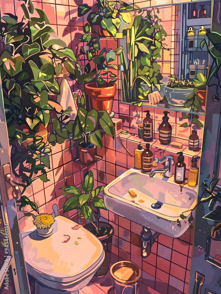 Illustration of A stylish bathroom in cluttercore style, with trendy ...