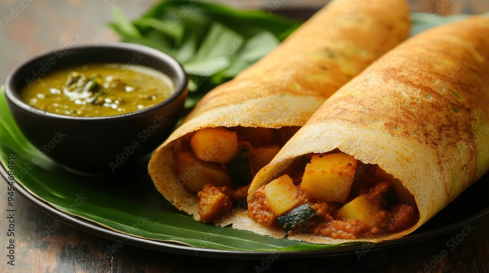 A traditional dosa filled with spiced potato masala, served with ...