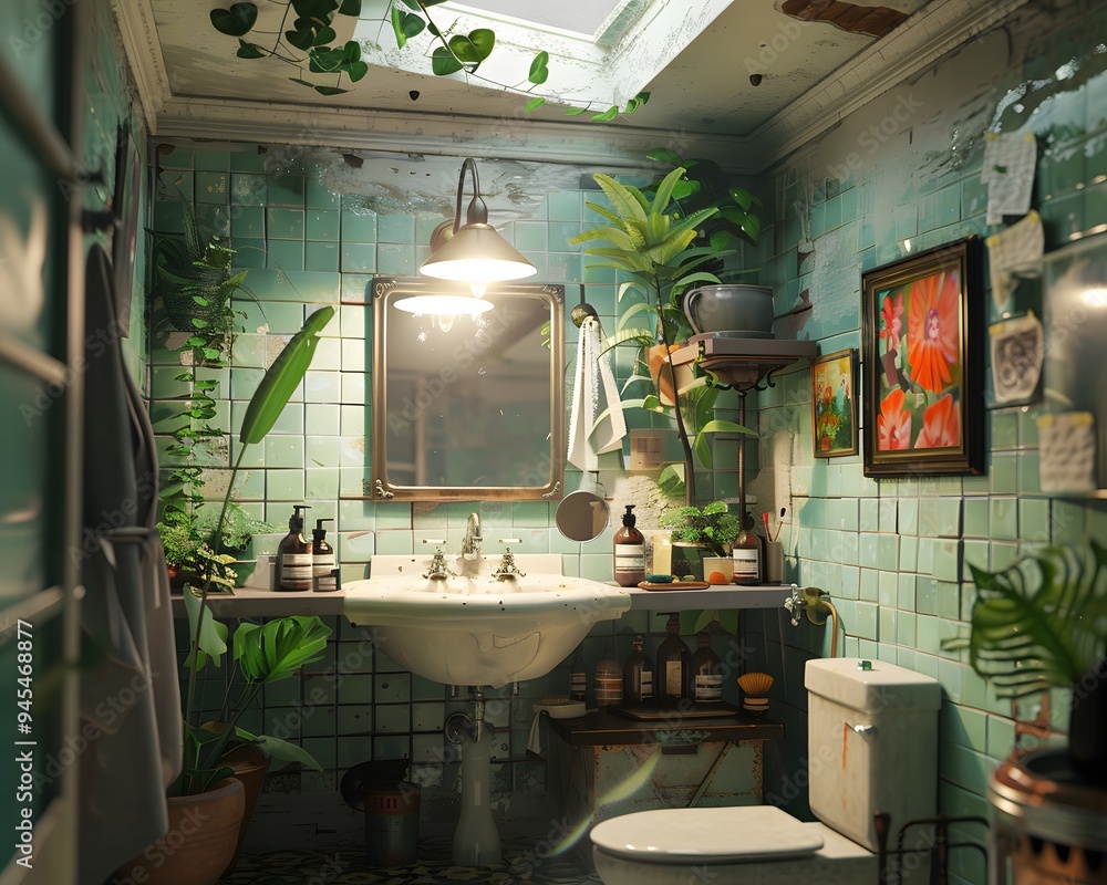 Illustration of A stylish bathroom in cluttercore style, with trendy ...