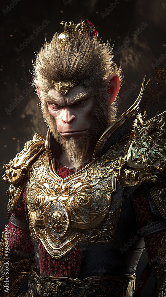 Sun Wukong, the Monkey King, wearing golden armor and sporting spiky ...