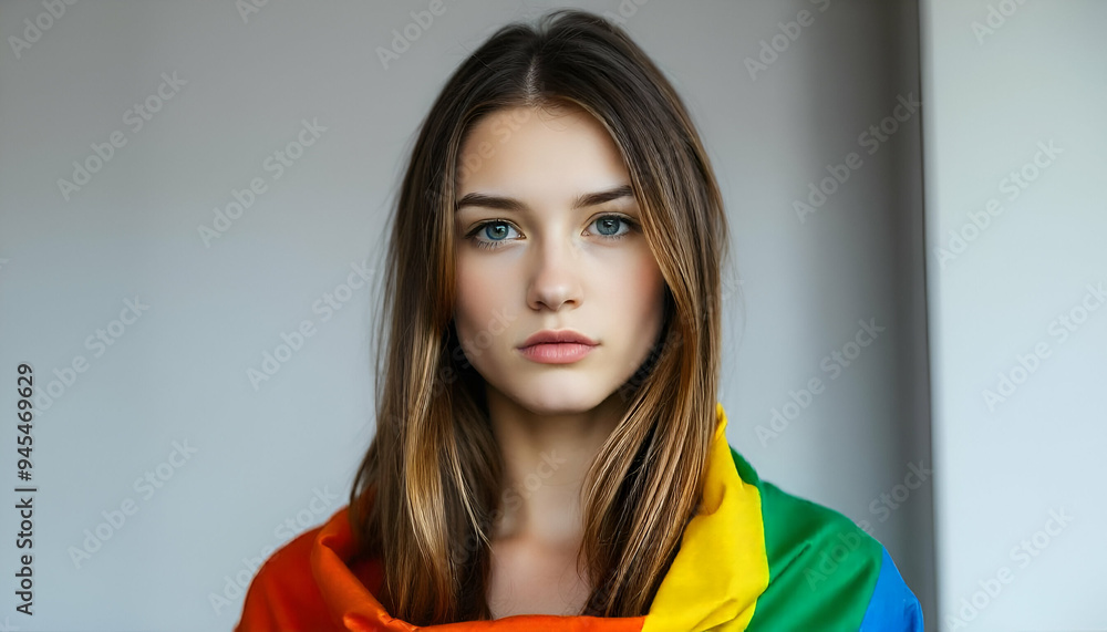 Young woman with green eyes and dark hair, wearing a rainbow flag on ...