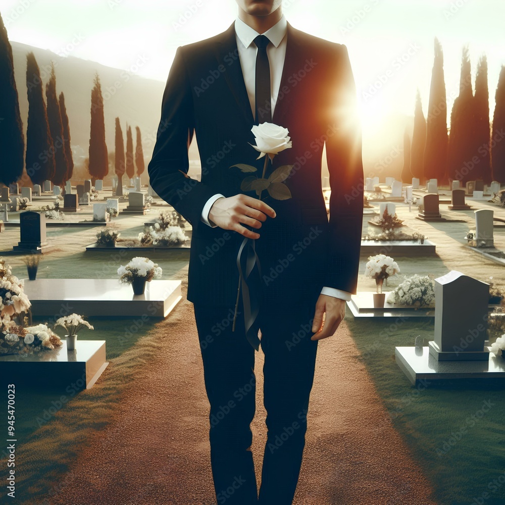Man in black suit holding white rose while standing in cemetery at ...