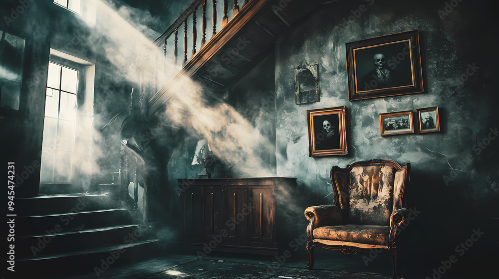 Haunted vintage mansion. An old abandoned house with stairs in semi ...
