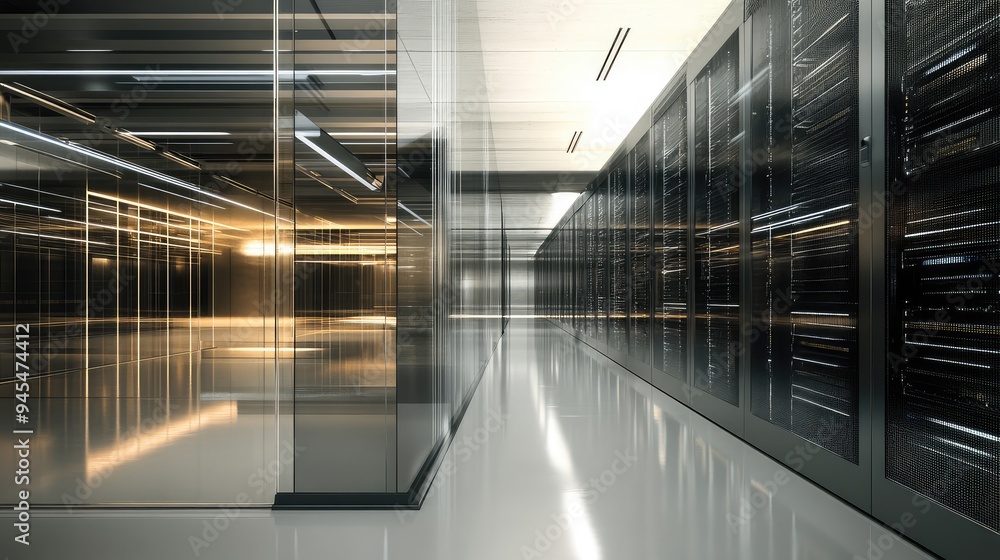 Contemporary data center design, with transparent glass server racks ...