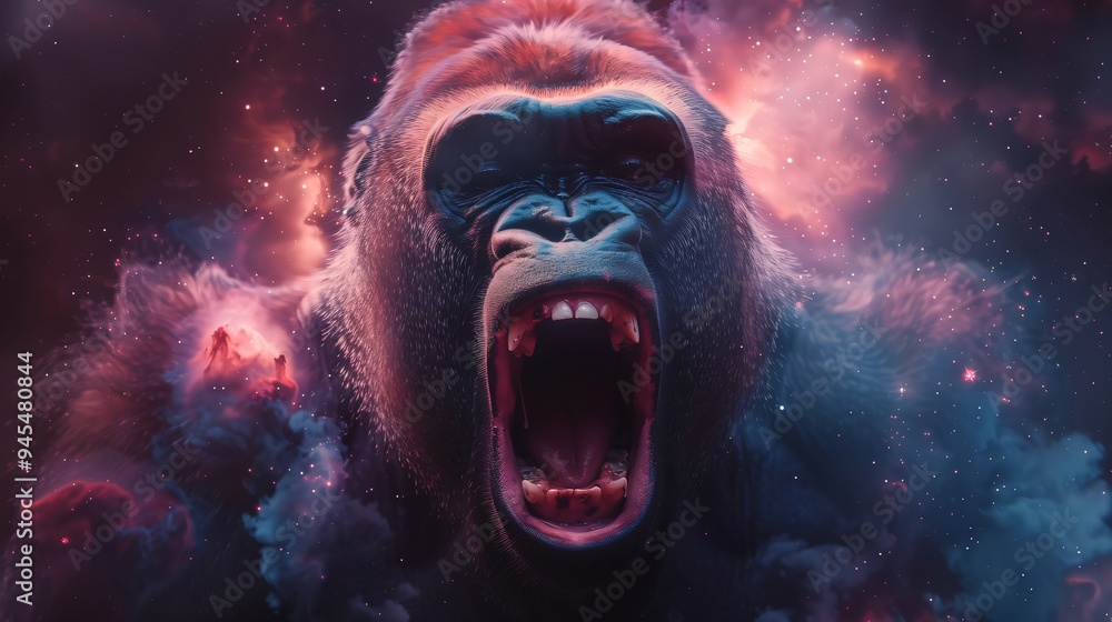 Fierce roaring silverback gorilla in a cosmic galaxy, blending nature ...