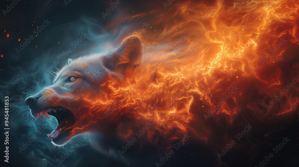 Fantasy Fierce white wolf howls amidst fire and ice, creating a ...