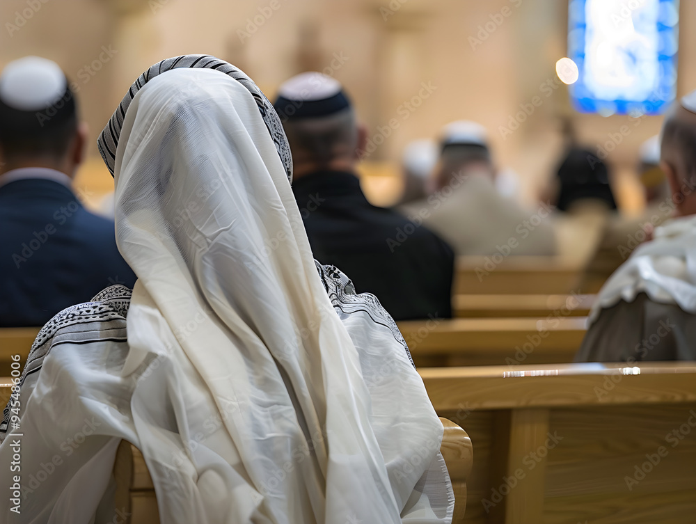 Jewish Yom Kippur service with devout worshippers fasting and praying ...