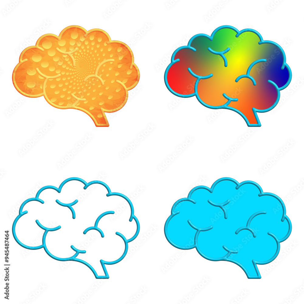A set of human brain shape 3d image icons with inflate effect ...