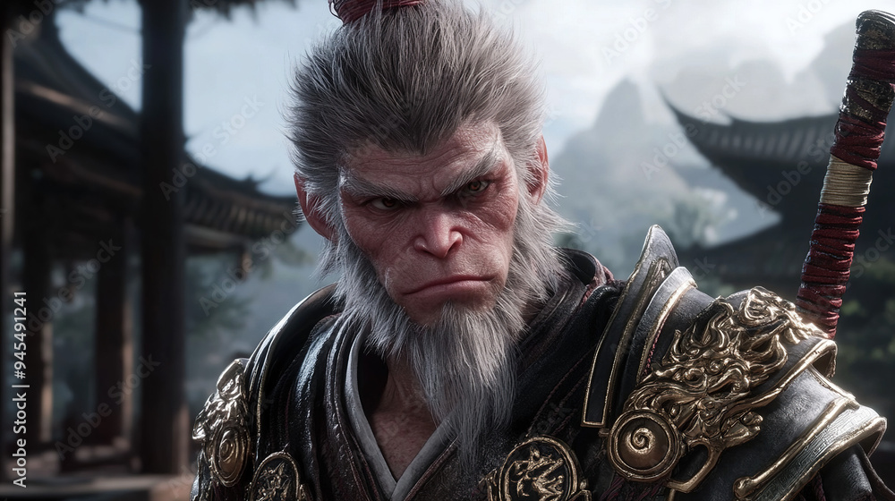 Sun Wukong, the Monkey King, wearing golden armor and sporting spiky ...