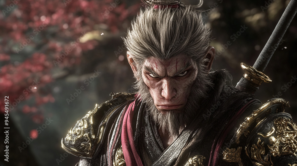Sun Wukong, the Monkey King, wearing golden armor and sporting spiky ...
