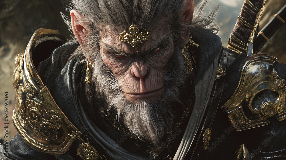 Sun Wukong, the Monkey King, wearing golden armor and sporting spiky ...