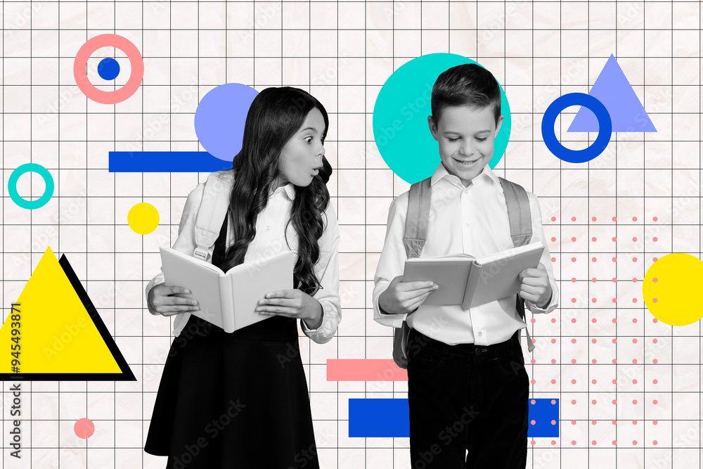 Composite photo collage of two schoolgirl boy hold book literature ...