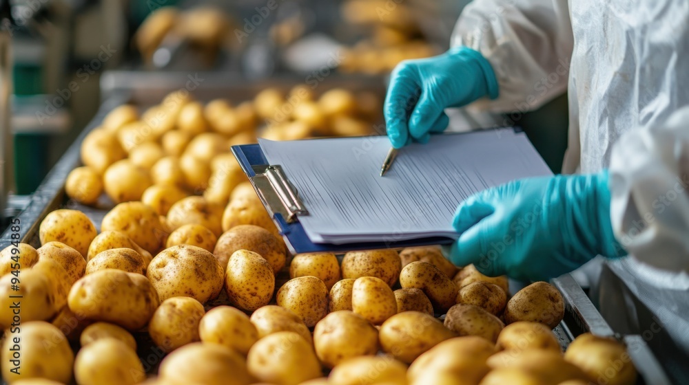 Food safety on a potato production line at a factory. A quality control ...