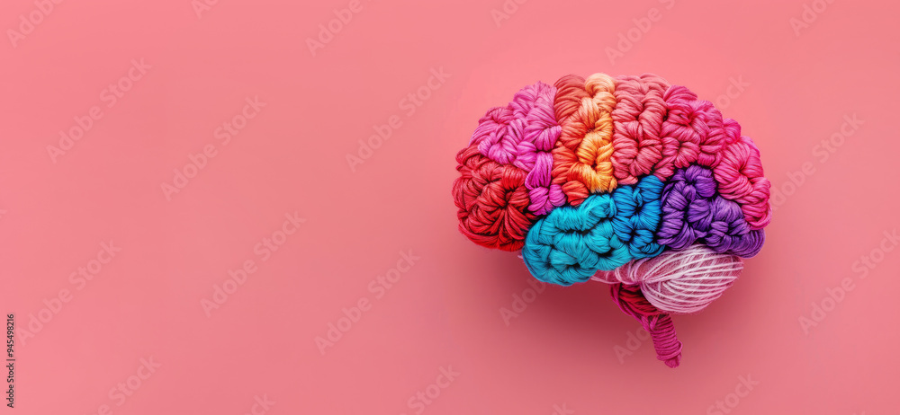 Human brain made of small balls of multi-colored threads on pink ...