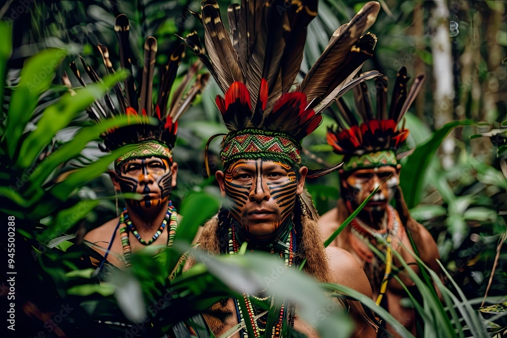 Tribal warriors in the jungle wearing feathered headdresses Stock Photo ...
