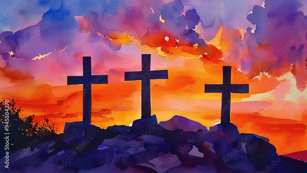 Three empty crosses on Golgotha at sunset in a cartoon style, depicting ...