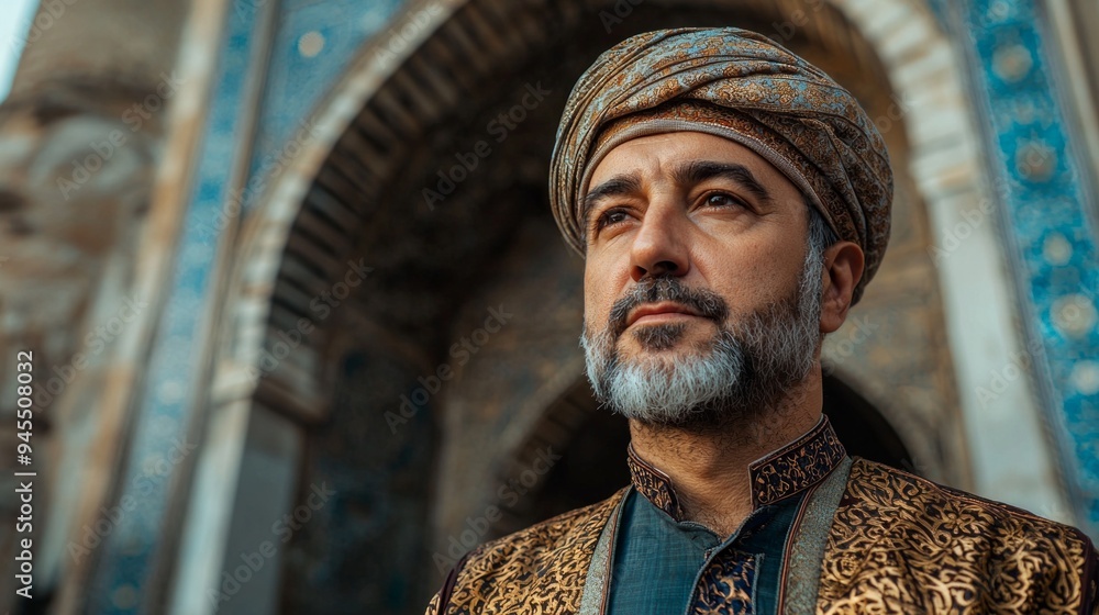 portrait of Turkish man in traditional attire, standing in front of a ...