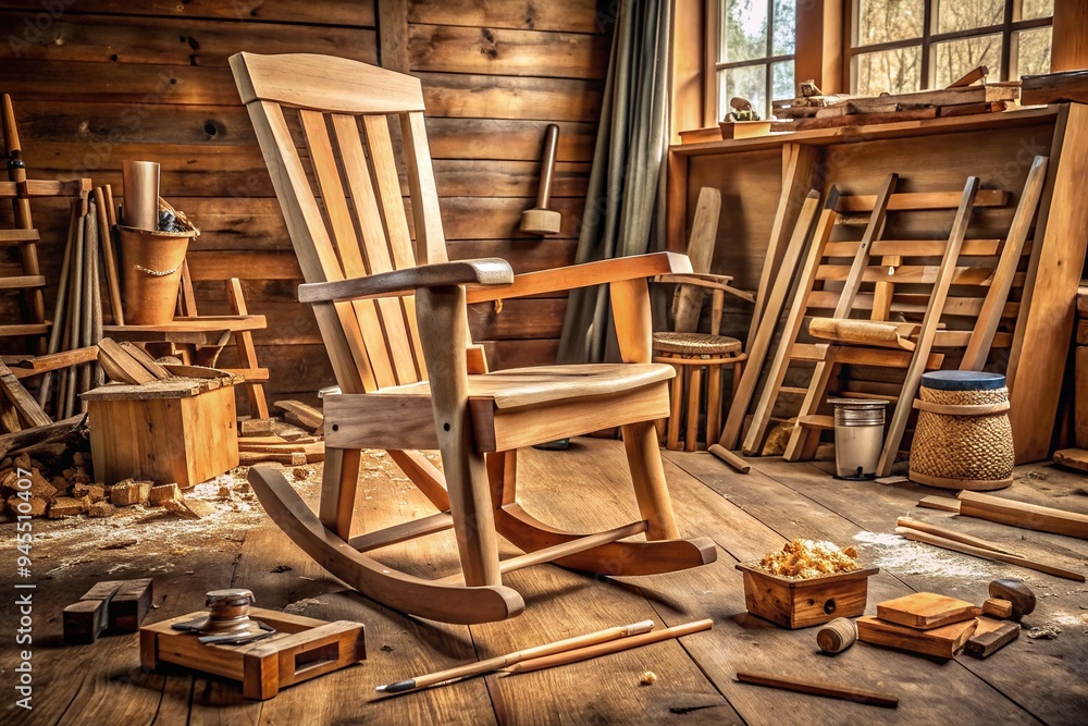 Rustic wooden planks and scattered woodworking tools surround a half ...